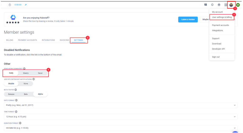 Change Frequency or Disable Hubstaff Work Summary Emails