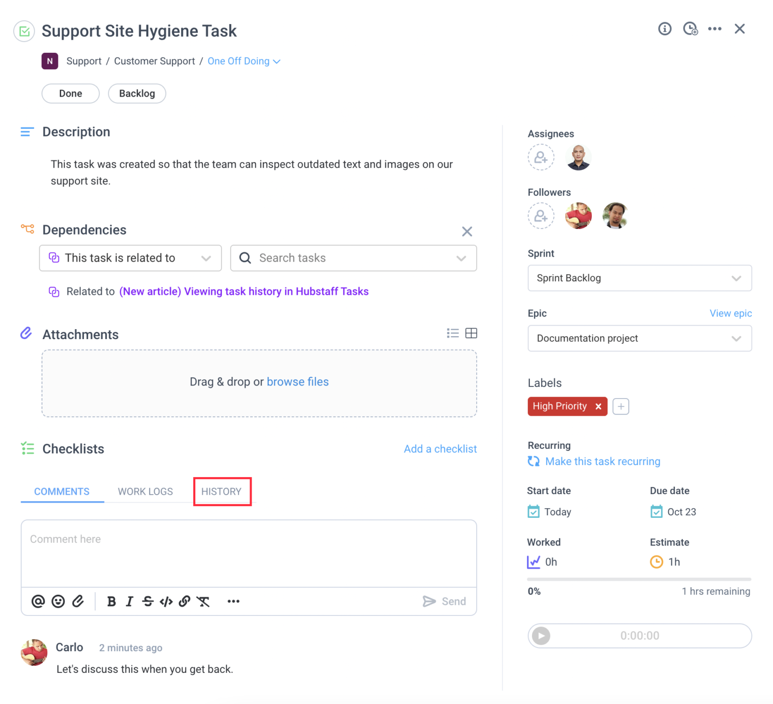 Viewing task history in Hubstaff Tasks - Hubstaff Support