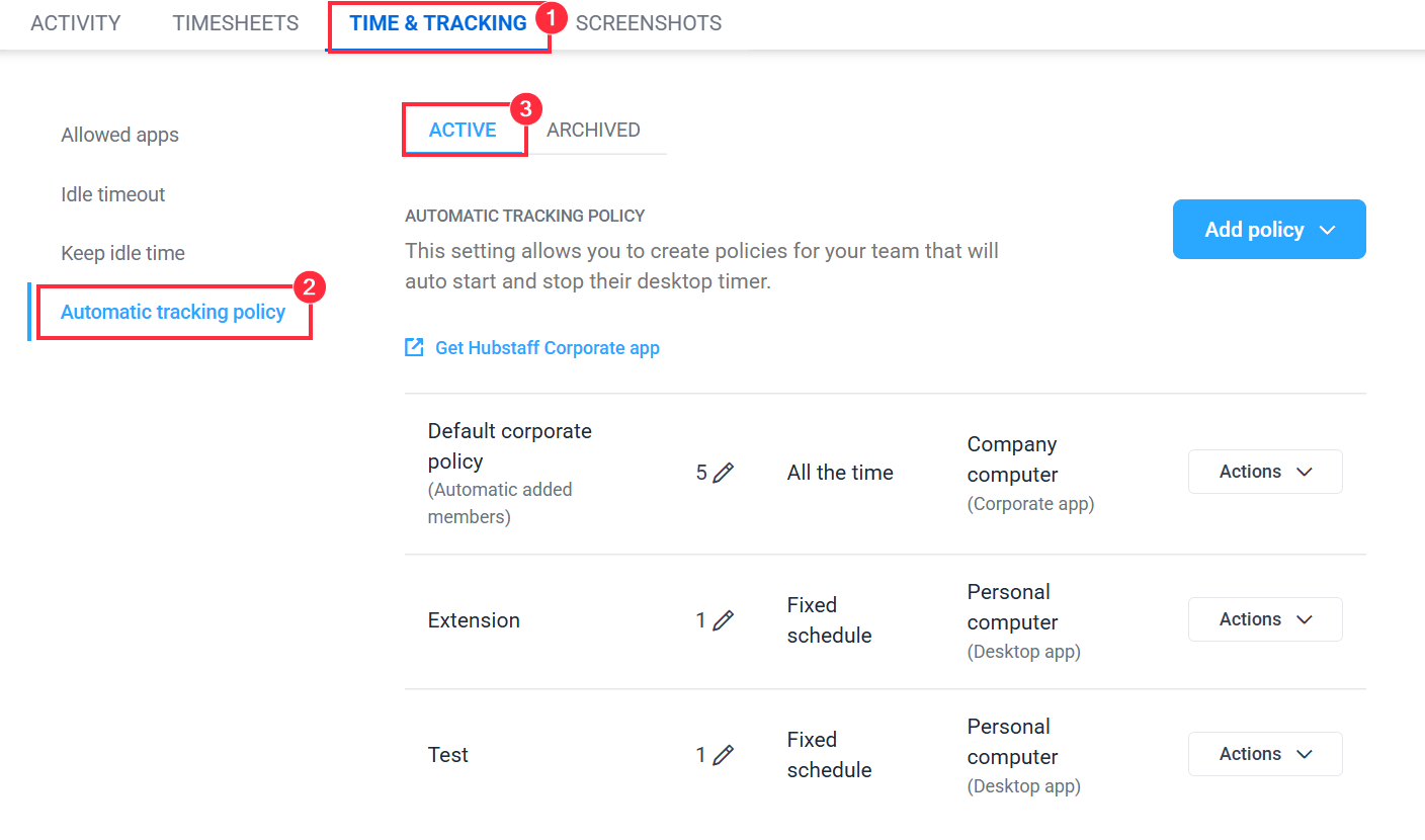Automatic tracking policies (Start/Stop timer) - Hubstaff Support